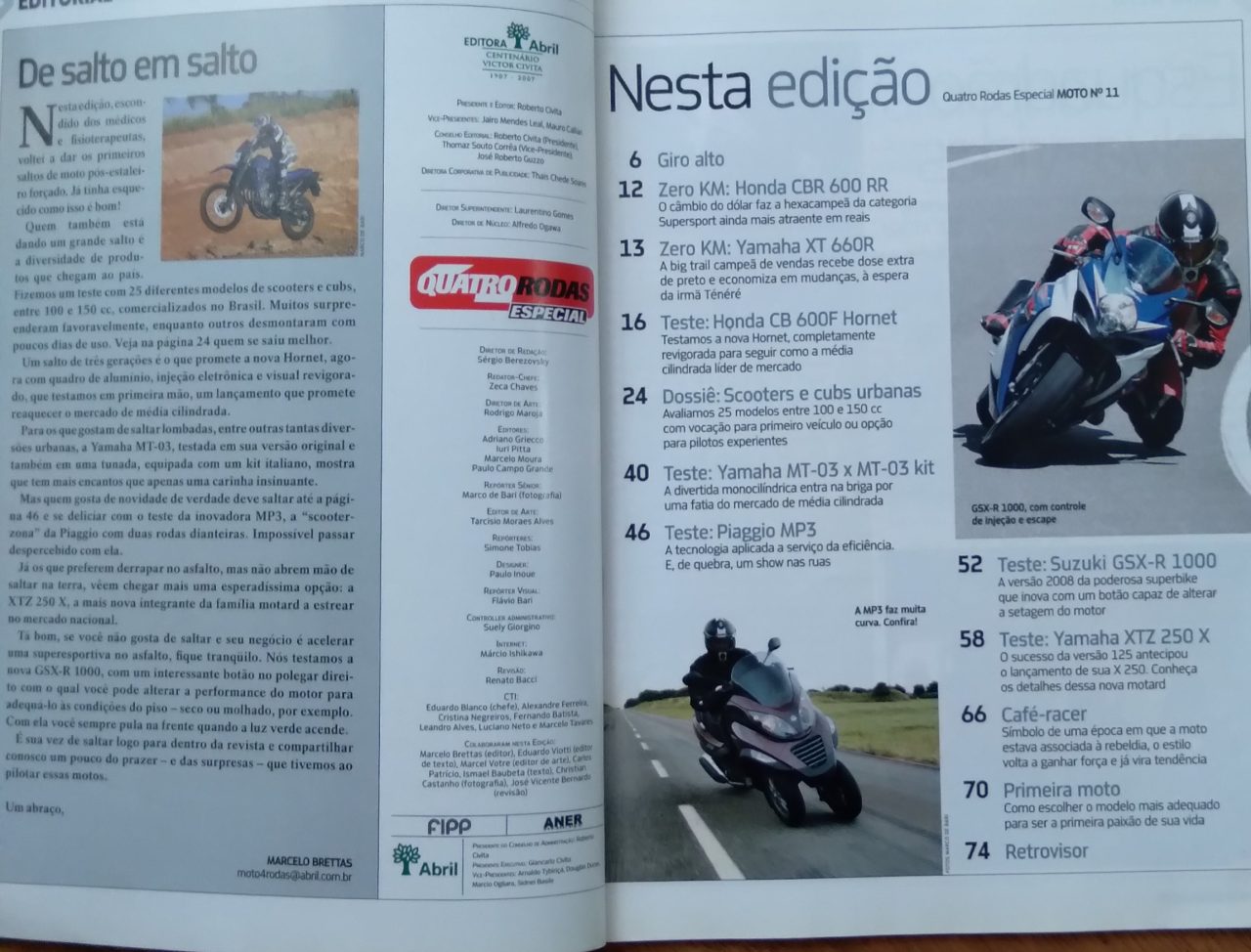 FCLQ. Revista Quatro Rodas Especial Moto. Nova Hornet Yamaha Piaggio.